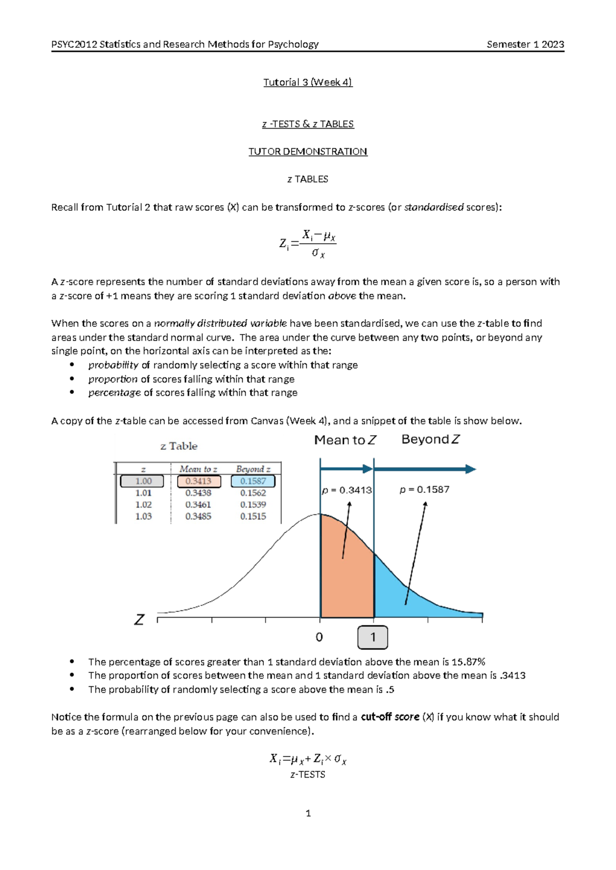 PSYC2012 Tutorial 3 2024 - Tutorial 3 (Week 4) z -TESTS & z TABLES ...