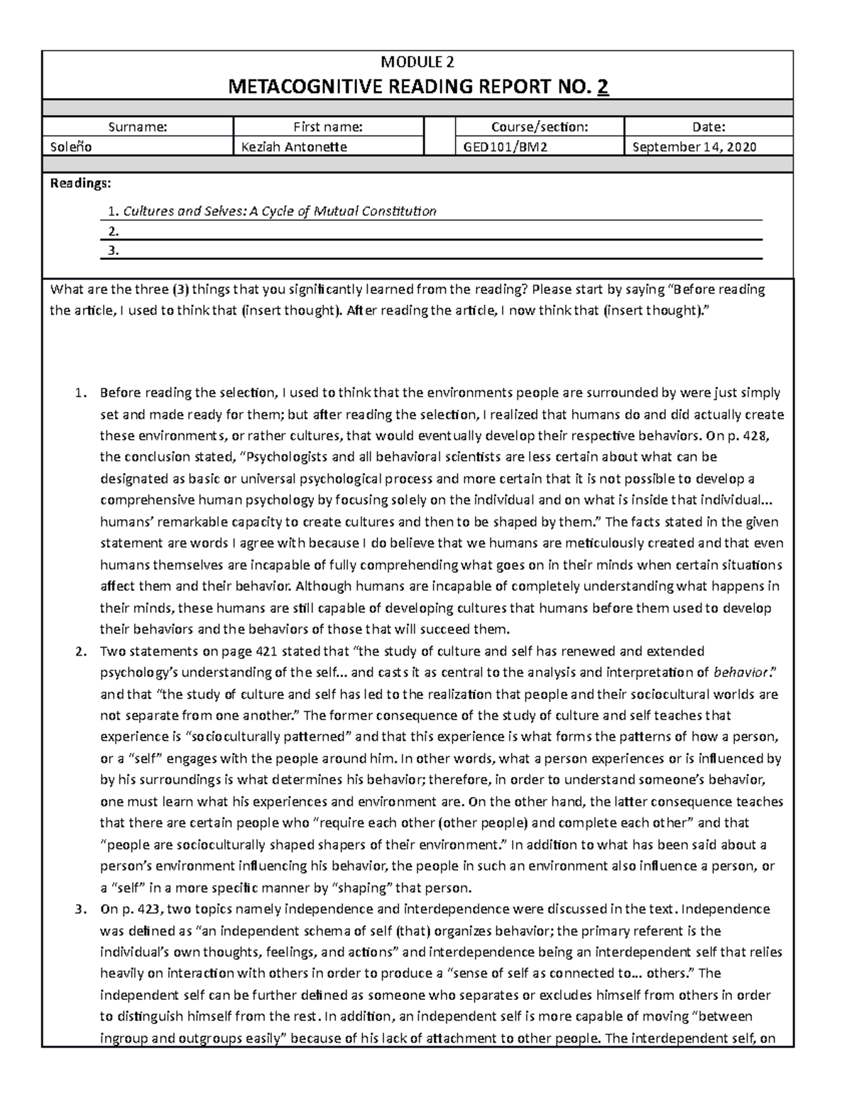 GED101 - MRR2 - SoleñO - MODULE 2 METACOGNITIVE READING REPORT NO. 2 Surname: First name: - Studocu
