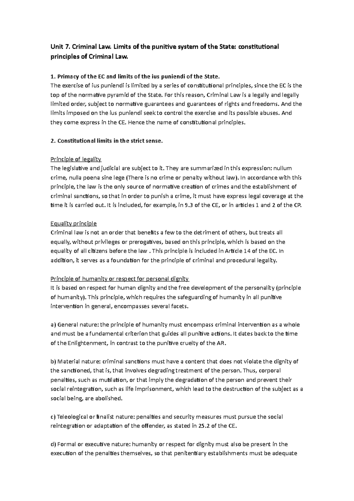 Unit 7 - Lecture notes 7 - Unit 7. Criminal Law. Limits of the punitive ...