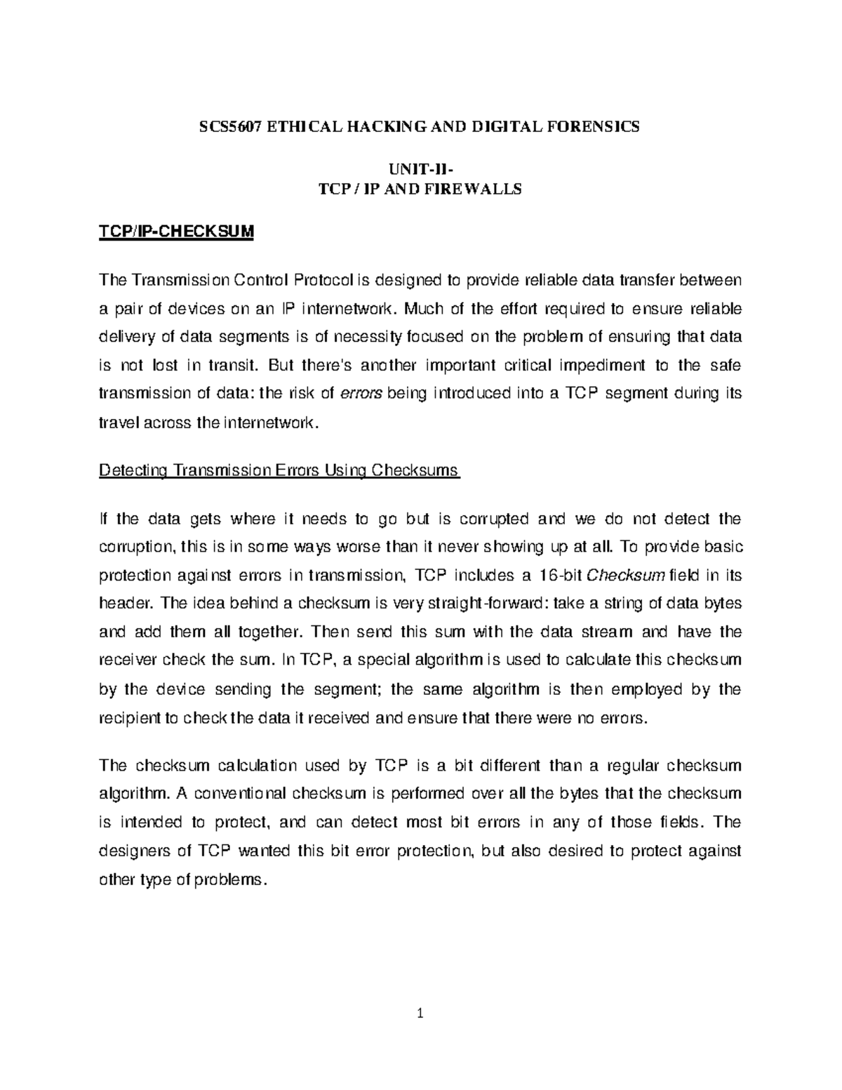 Tcp Ip And Firewalls Notes Scs5607 Ethical Hacking And Digital Forensics Unit Ii Tcp Ip And