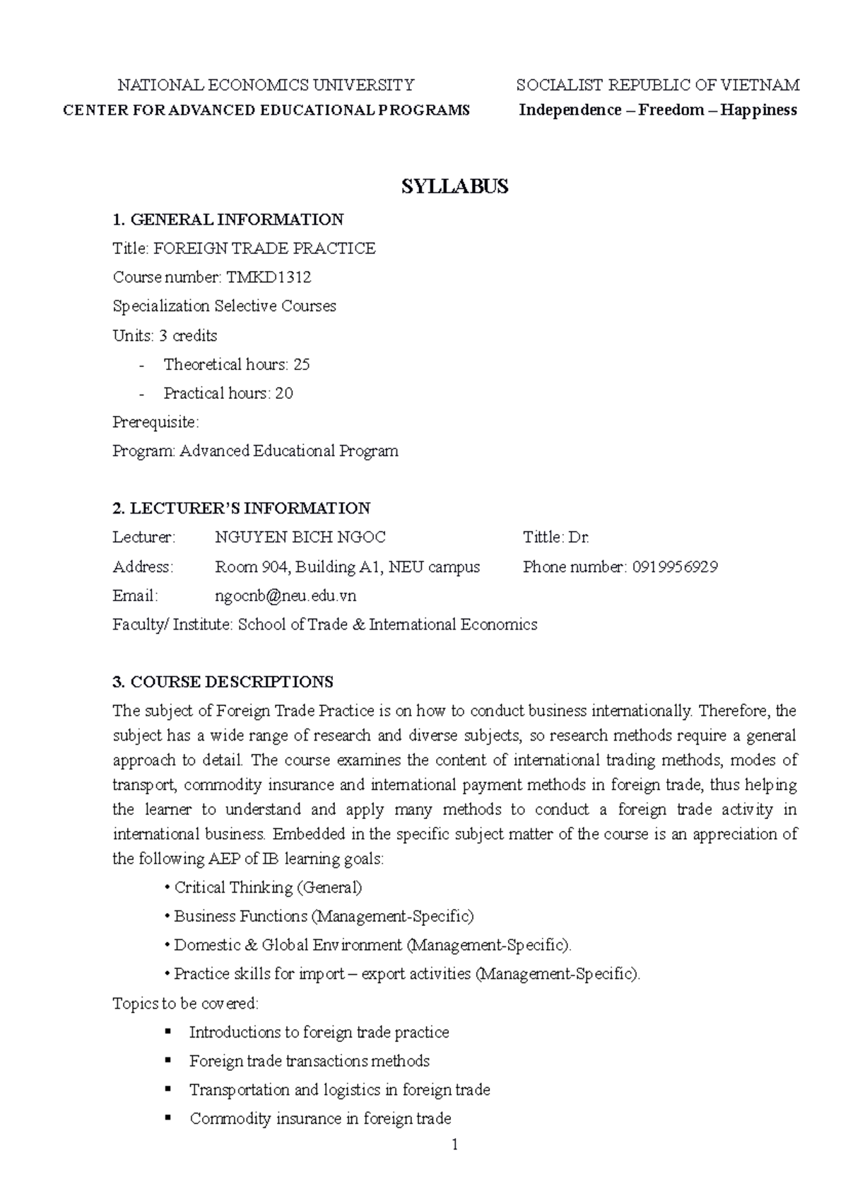 NVNT2-Syllabus- Kdqtclc - NATIONAL ECONOMICS UNIVERSITY CENTER FOR ADVANCED EDUCATIONAL PROGRAMS ...