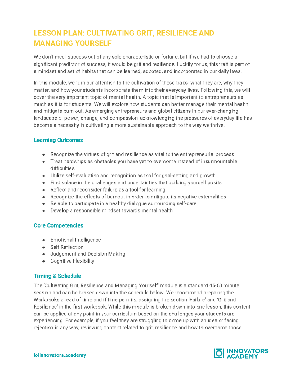 Lesson Plan 12 Cultivating grit resilience and managing yourself ...