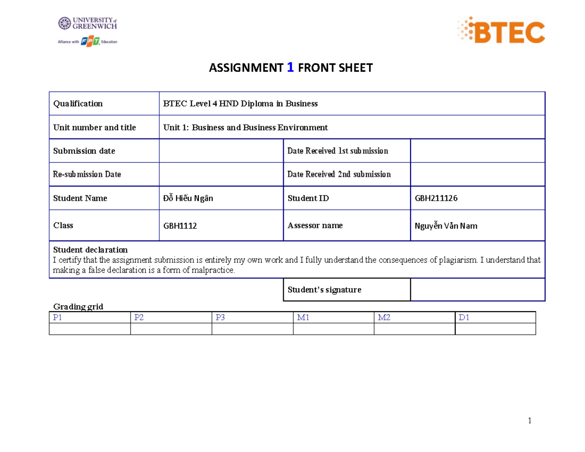 1 - not bad - ASSIGNMENT 1 FRONT SHEET Qualification BTEC Level 4 HND ...