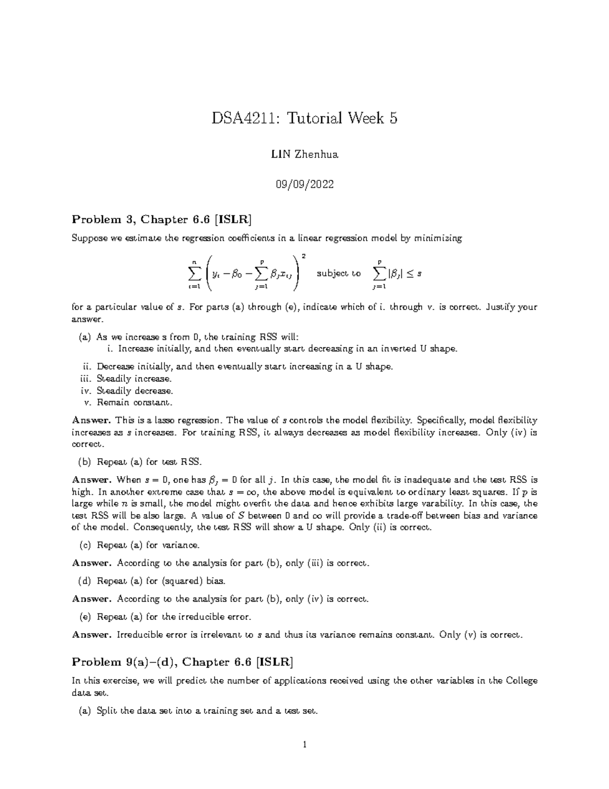 Week5 tut - Tutorial 5 - DSA4211: Tutorial Week 5 LIN Zhenhua 09/09/ Problem 3, Chapter 6 [ISLR ...