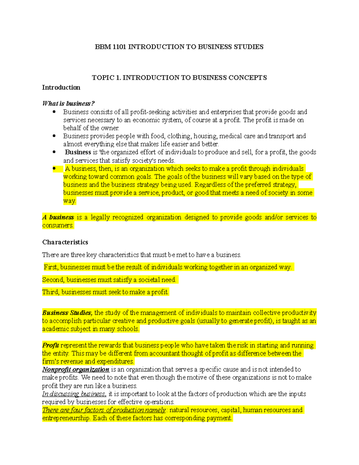 Business Studies 1 - BBM 1101 INTRODUCTION TO BUSINESS STUDIES TOPIC 1 ...