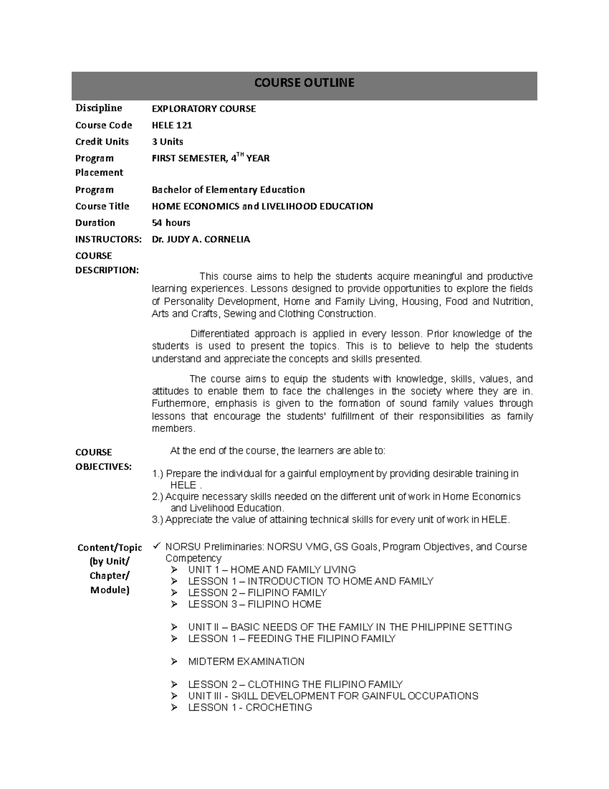 Course Outline IN HELE 121 - COURSE OUTLINE Discipline EXPLORATORY ...