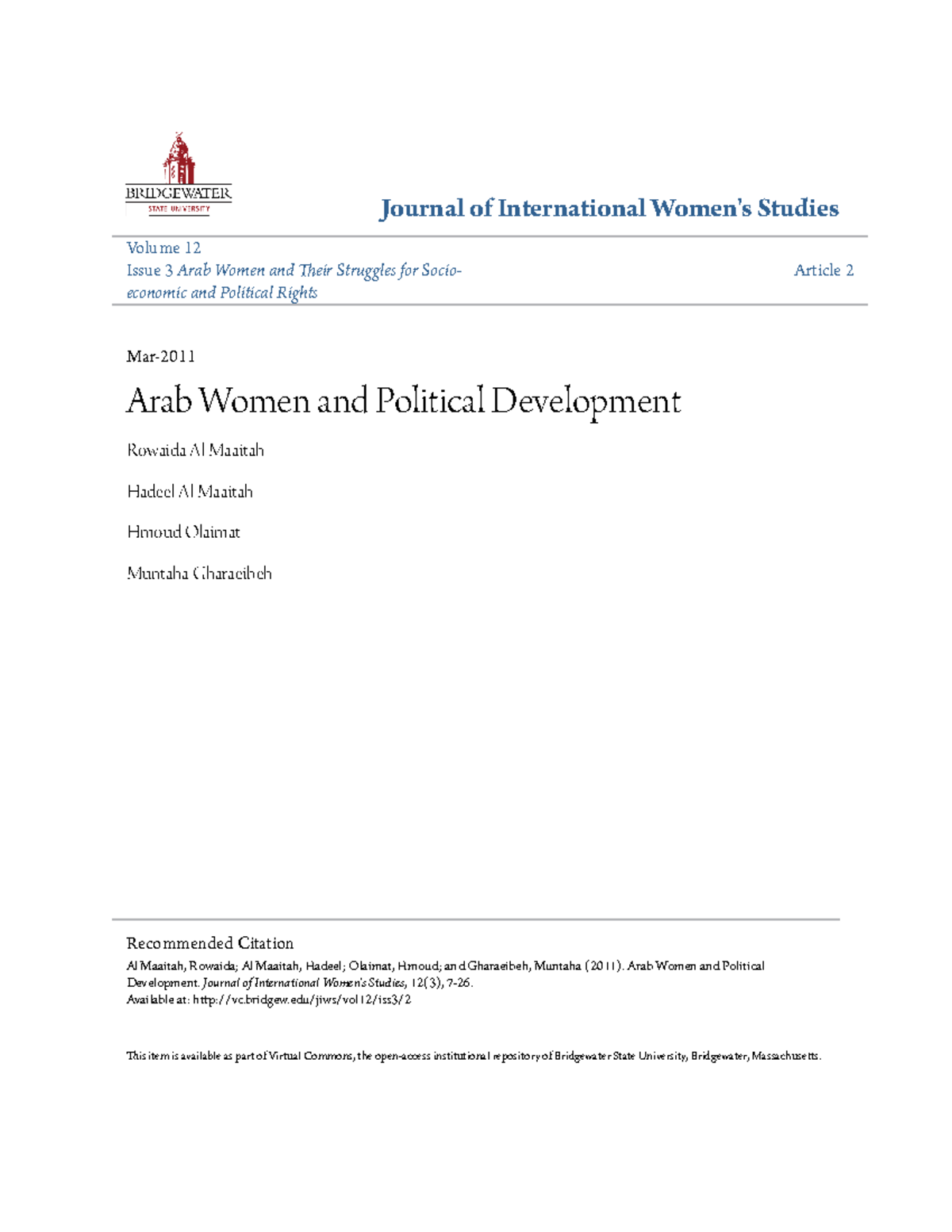 Arab Women and Political Development Jou - Journal of International ...