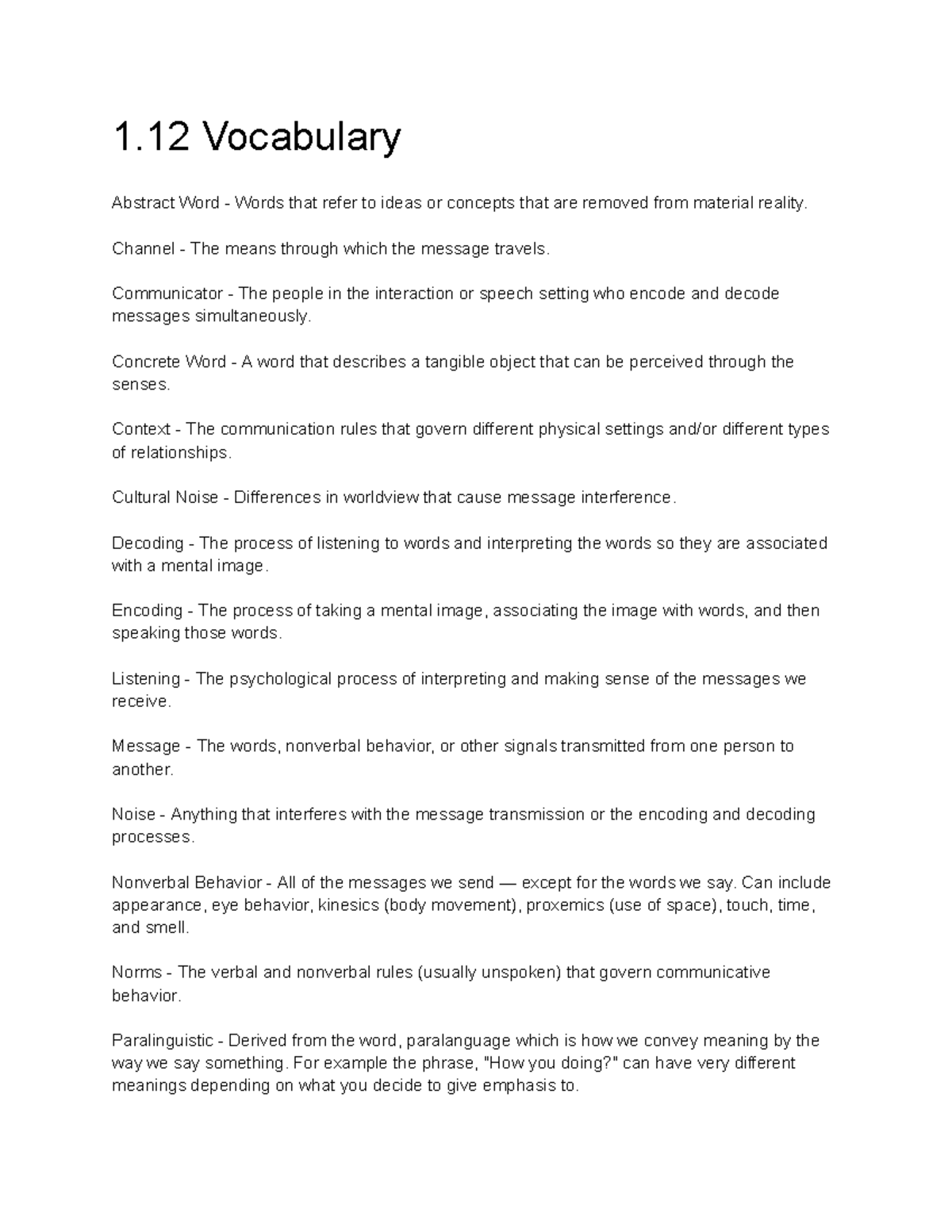 1.12 Vocabulary - 1 Vocabulary Abstract Word - Words that refer to ...