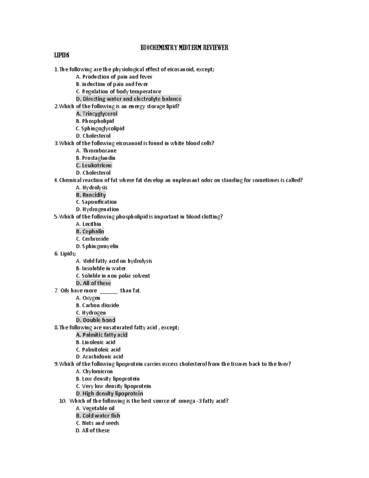 BIO AND Anaphy Midterm Reviewer - BIOCHEMISTRY MIDTERM REVIEWER LIPIDS ...