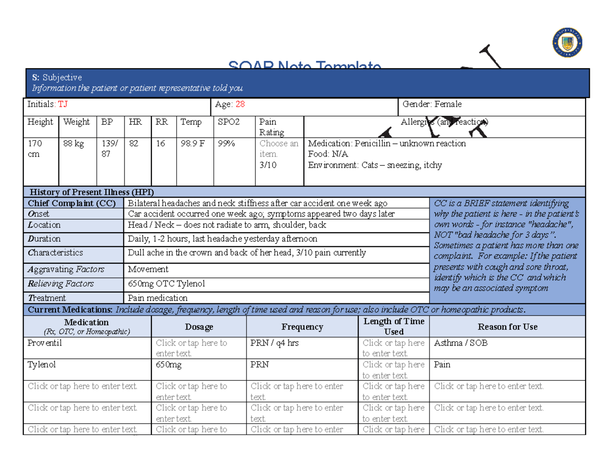 NR 509 SOAP Note - TJ - Headache-2 - SOAP Note Template Initials: TJ ...