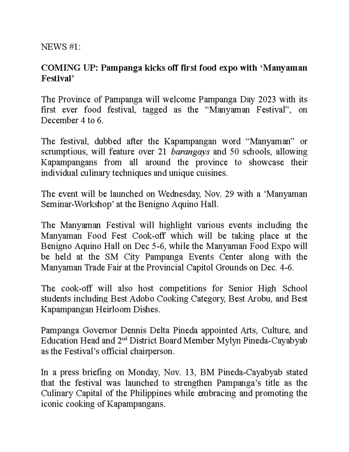 NEWS - NEWS ARTICLE SAMPLE IN NEWS WRITING - NEWS #1: COMING UP ...