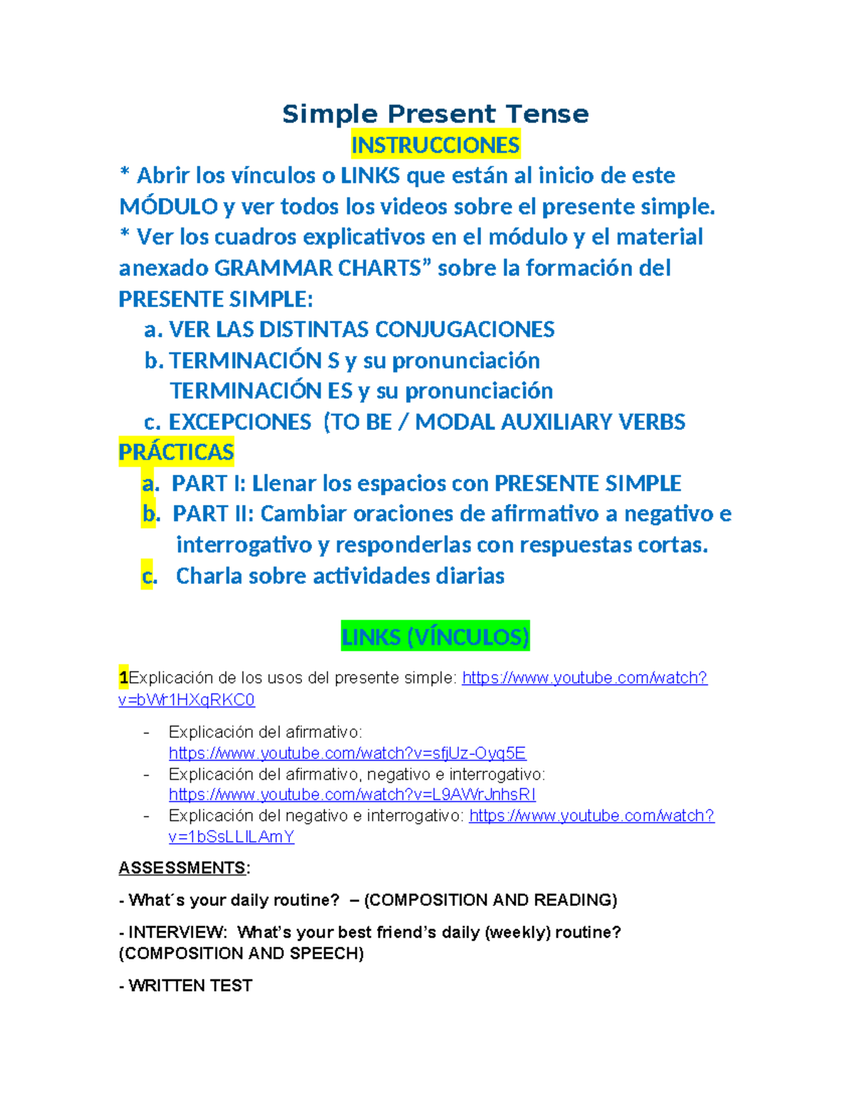 EC Simple Present Module - Simple Present Tense INSTRUCCIONES * Abrir ...