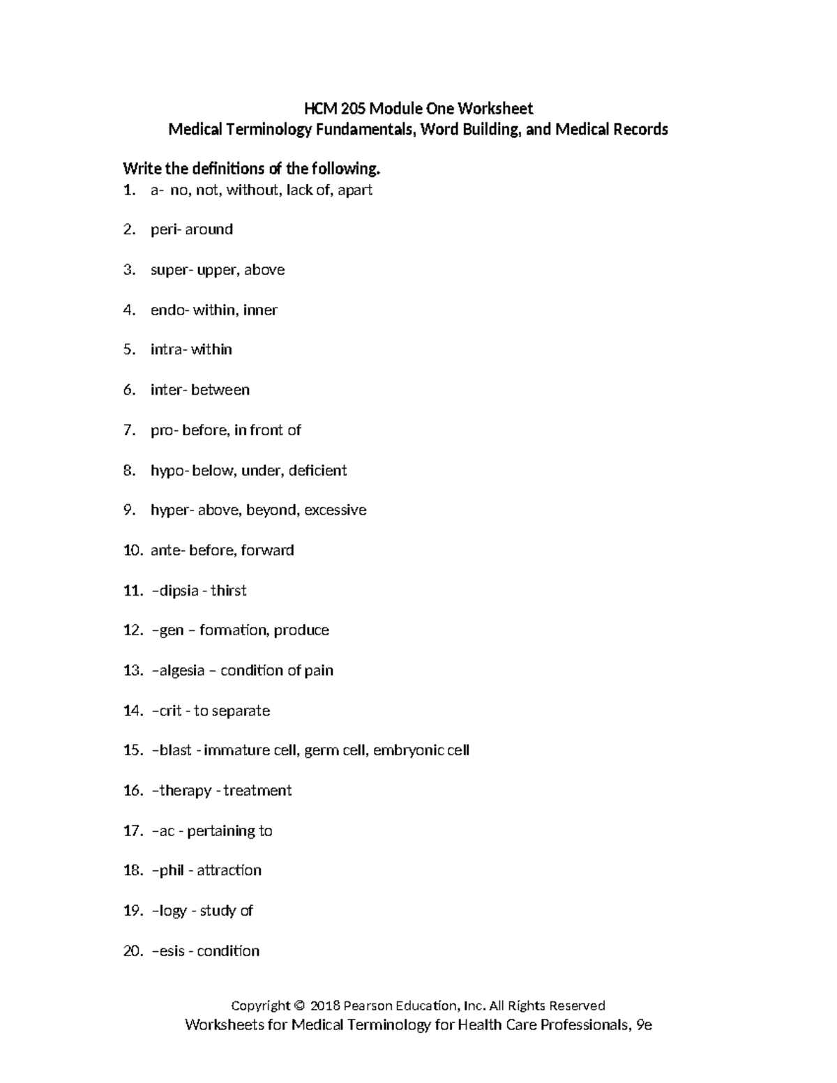 Module One Worksheet - HCM 205 Module One Worksheet Medical Terminology ...