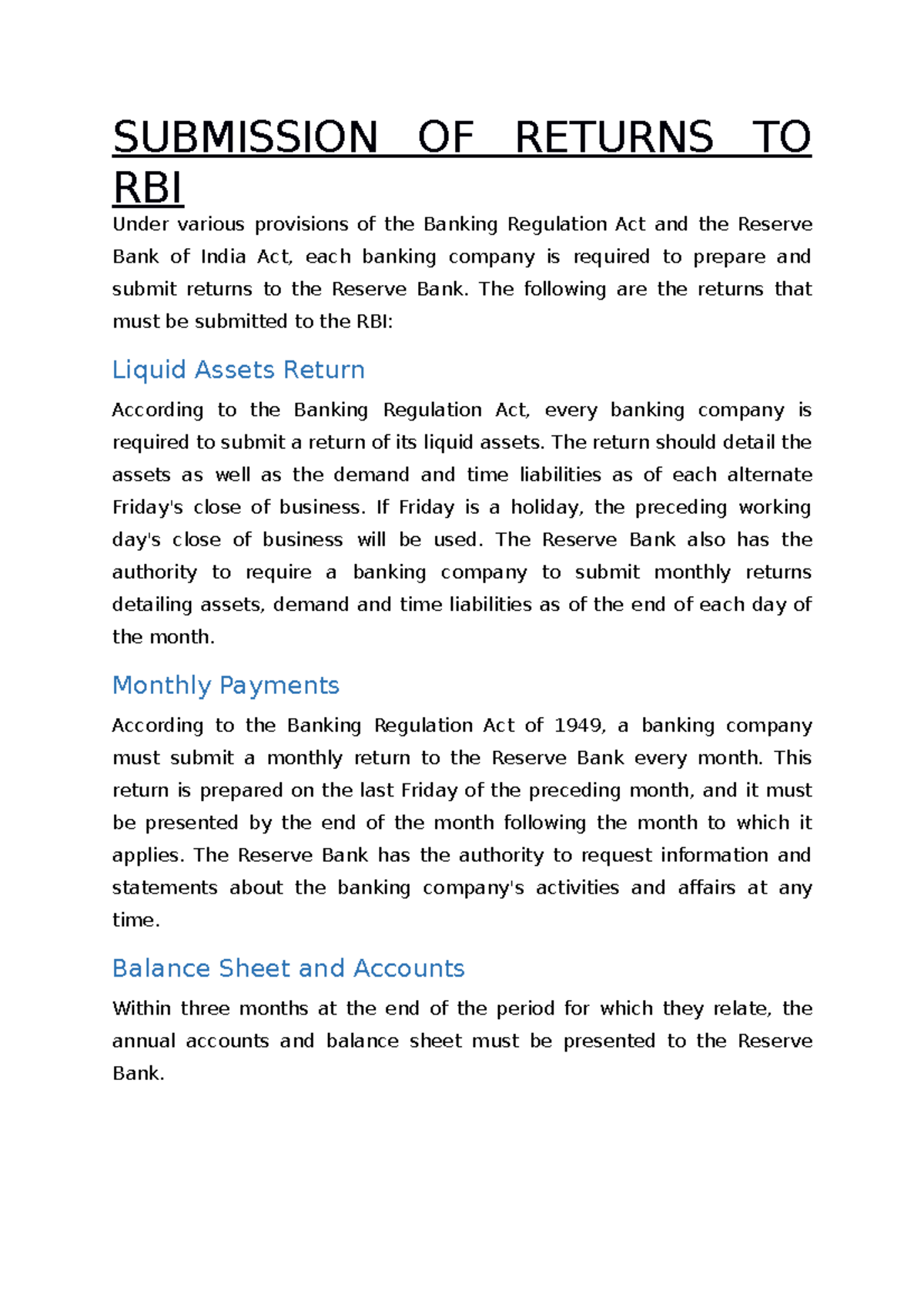 Submission OF Returns TO RBI - Banking and Financial Services - BHU ...