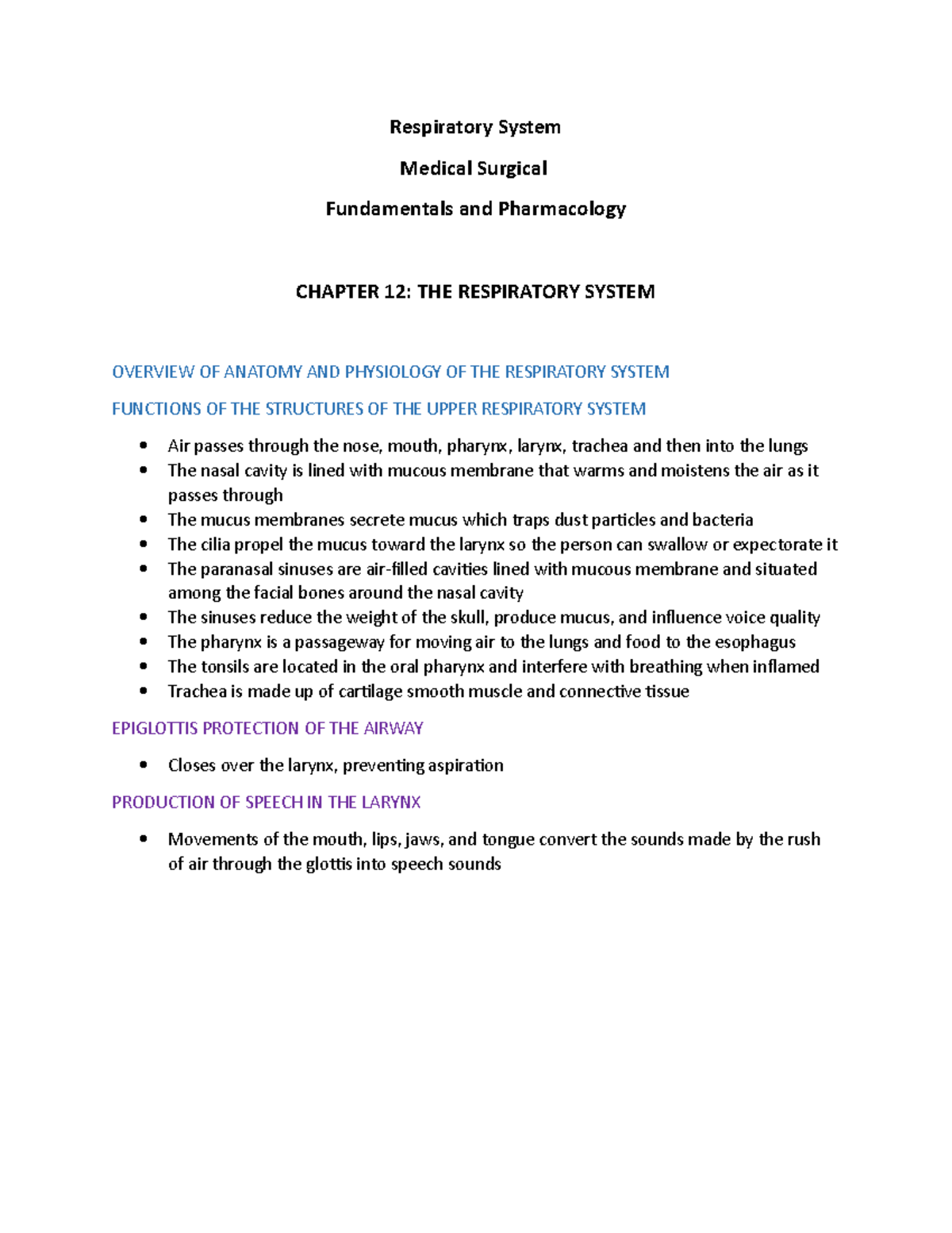 Med Surg Chapter 12, 13, 14 Respiratory System - Respiratory System ...