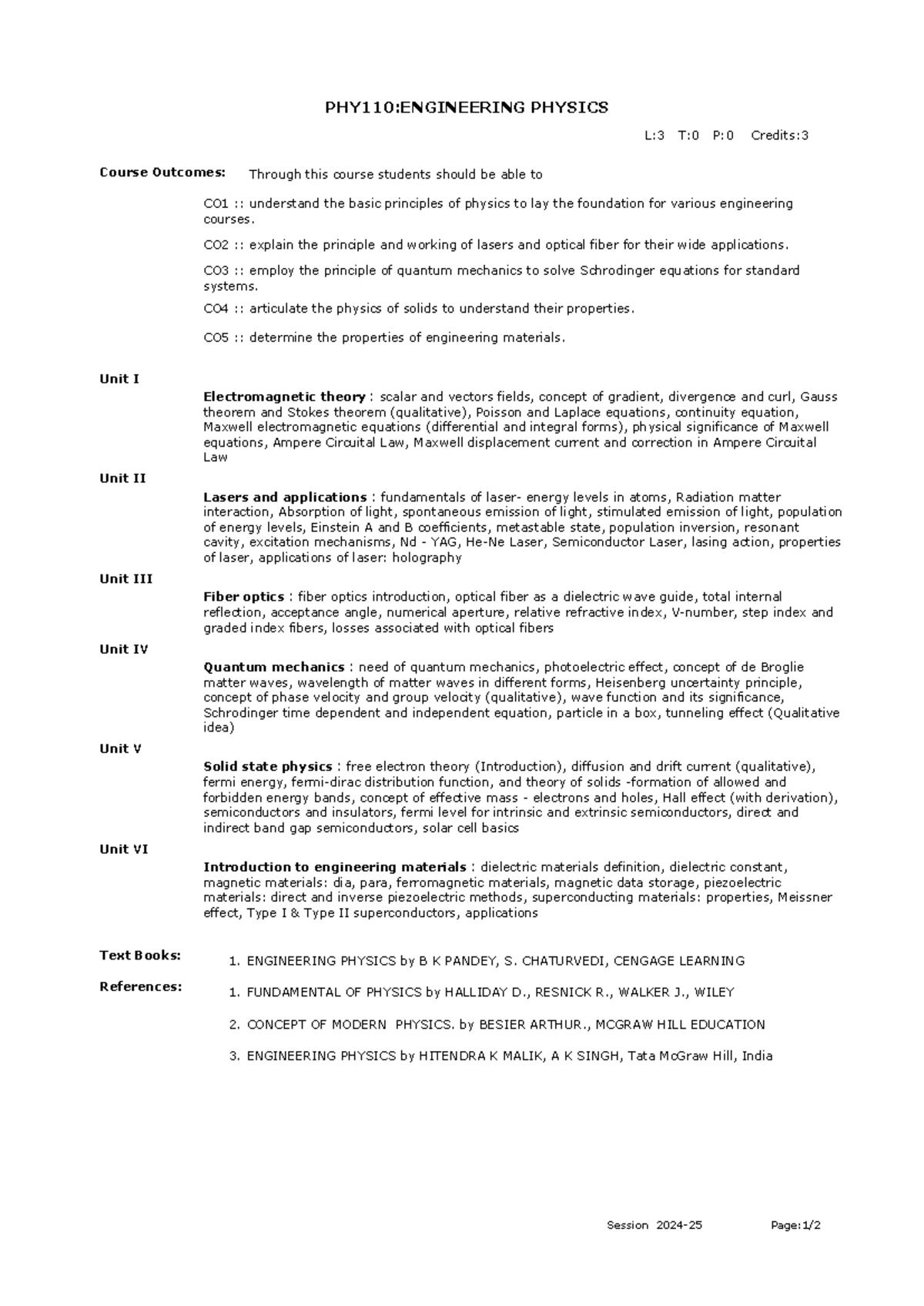 PHY110 - Syllabus - PHY110:ENGINEERING PHYSICS Course Outcomes: CO1 ...