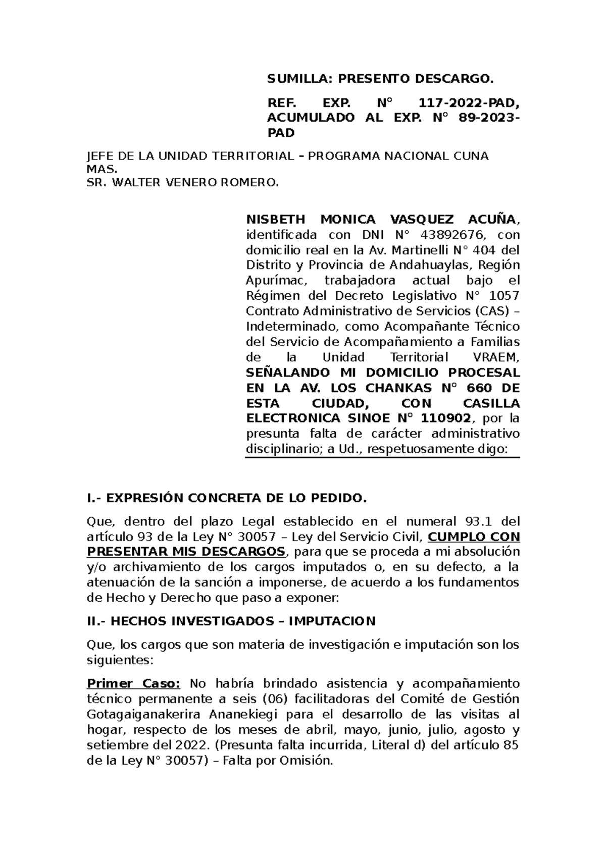 Descargo Procedimiento Administrativo Disciplinario - SUMILLA: PRESENTO ...