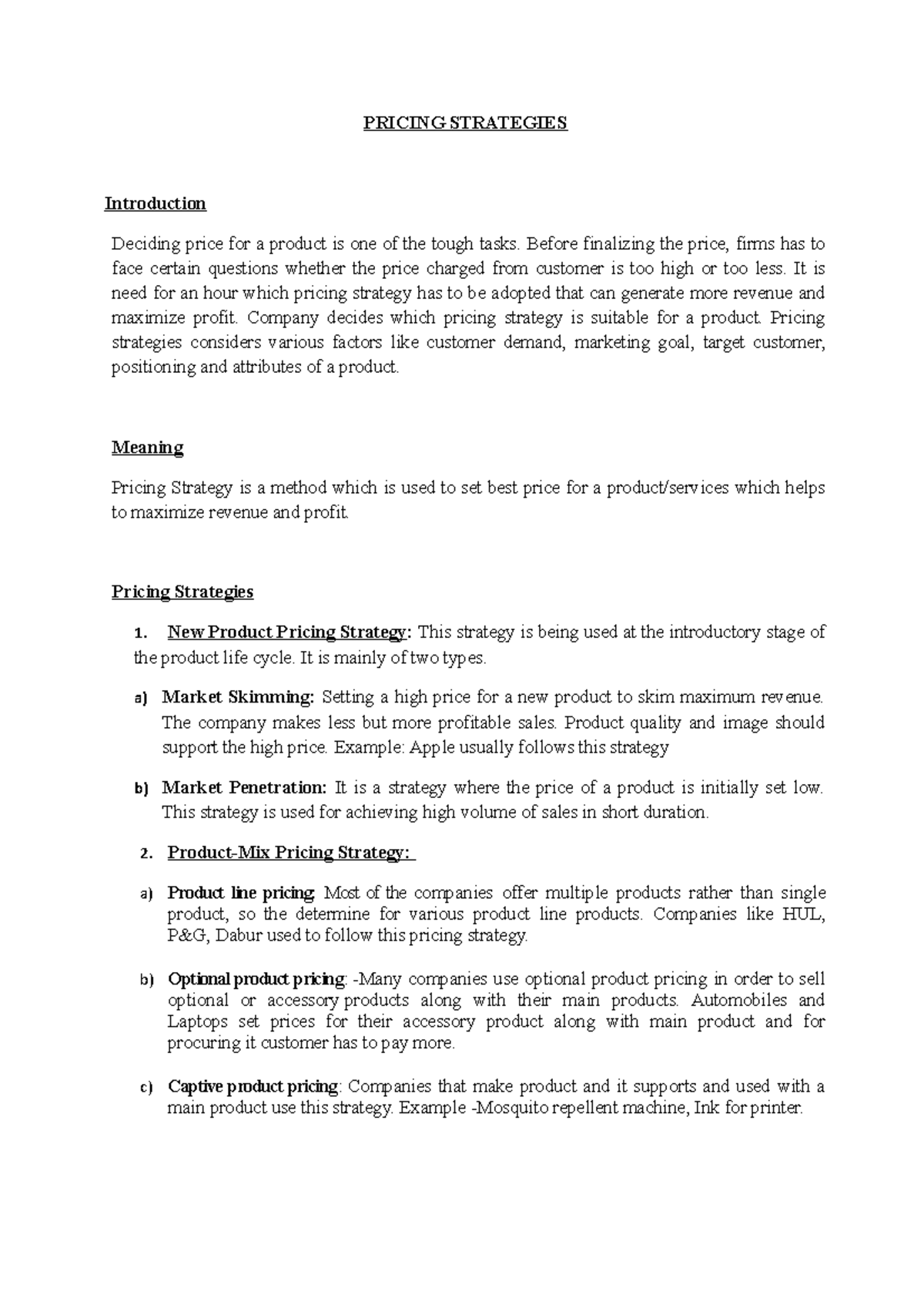 Strategies relating to Pricing - PRICING STRATEGIES Introduction ...