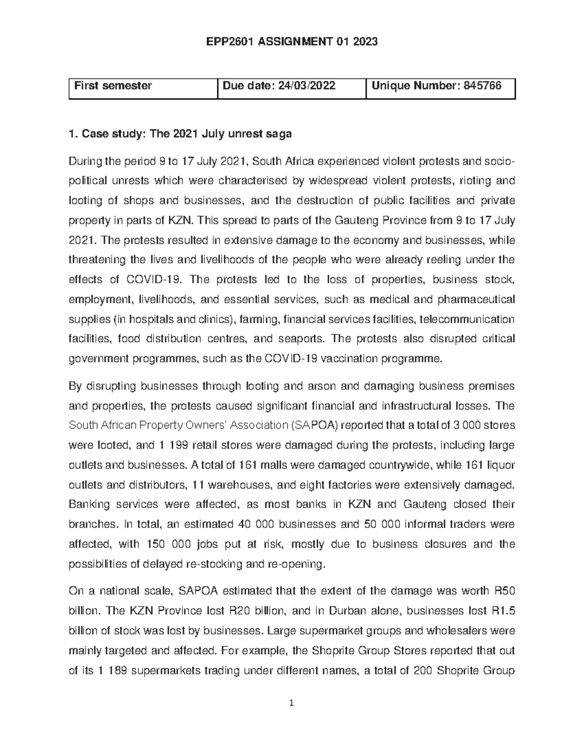 EPP2601 Assignment 1 - EPP2601 ASSIGNMENT 01 2023 1 Case study: The ...