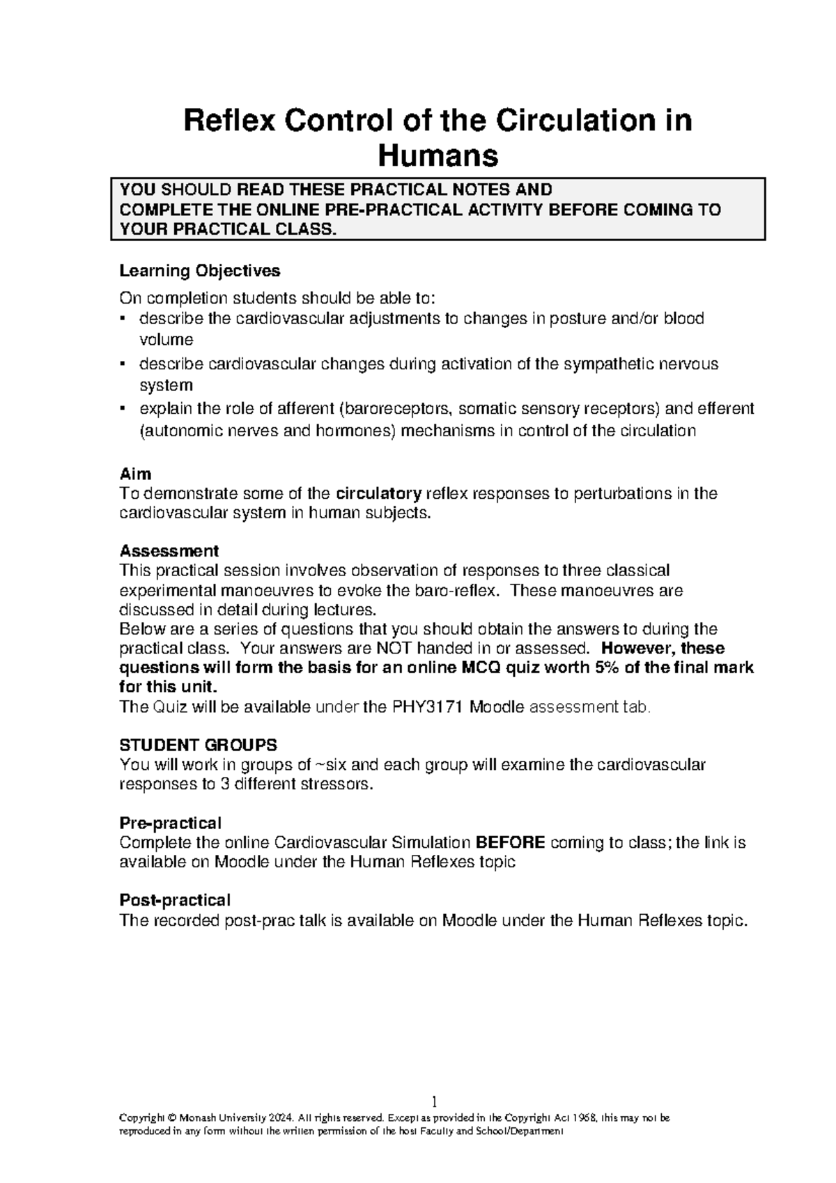 HUman CV reflex responses- practical notes - 1 Copyright © Monash ...