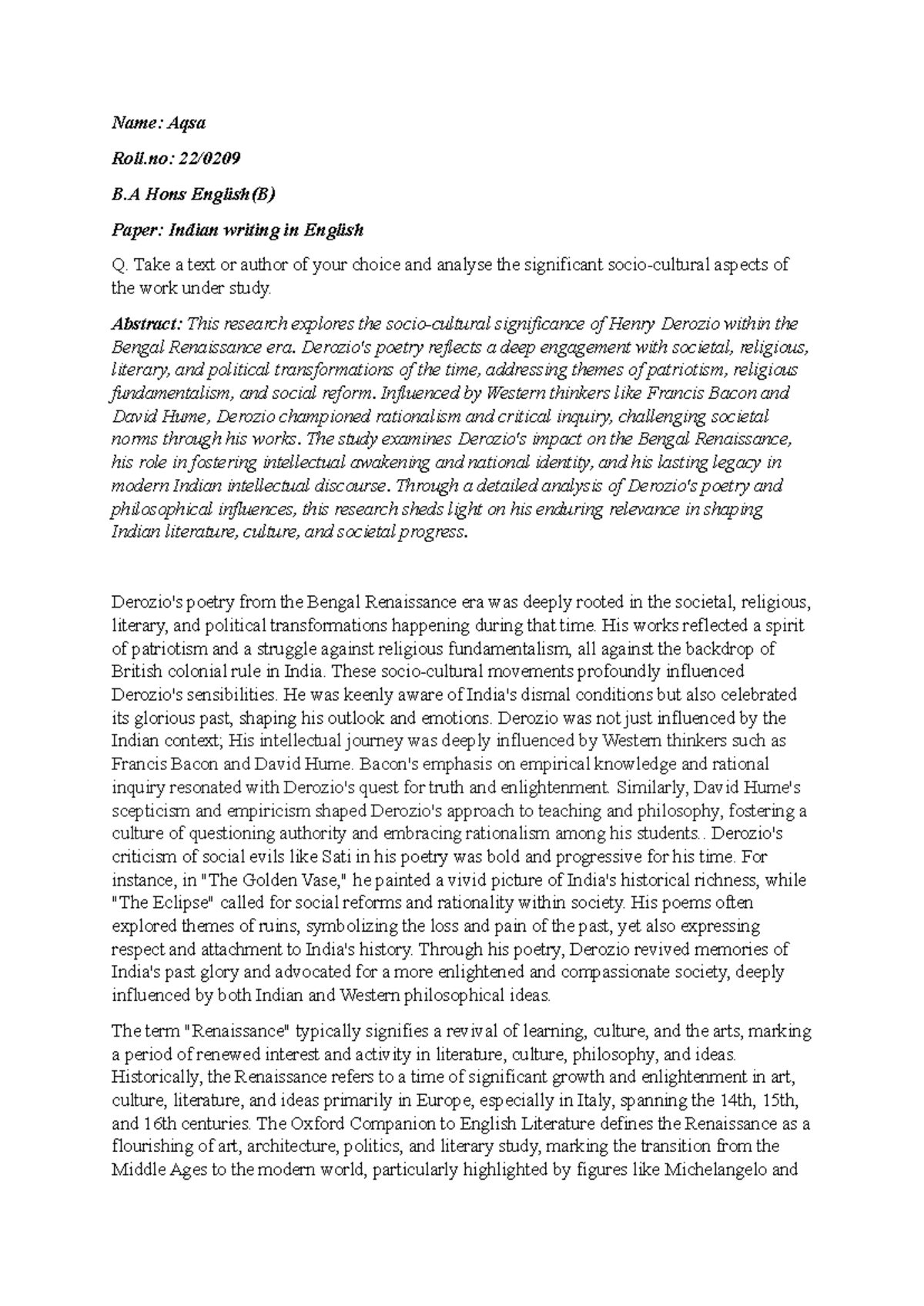 Hlv derozio - Name: Aqsa Roll: 22/ B Hons English(B) Paper: Indian ...