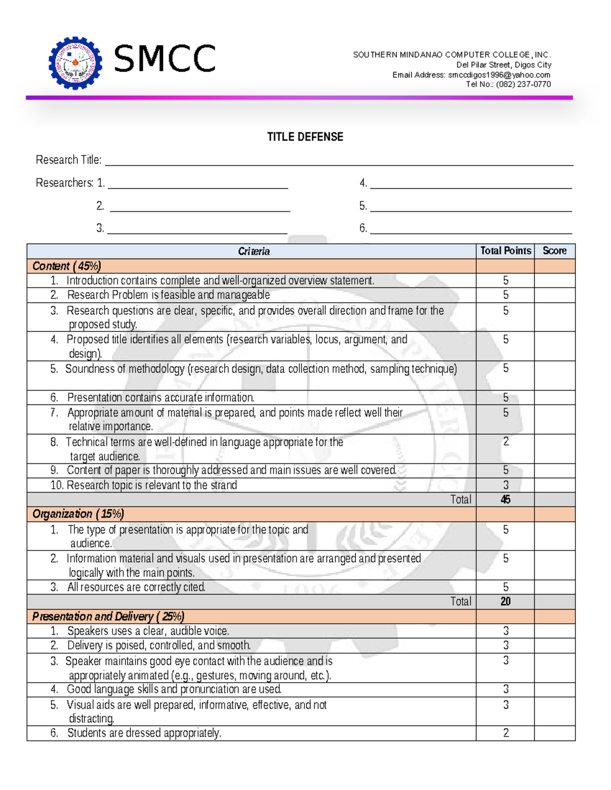 Title Defense rubrics - SOUTHERN MINDANAO COMPUTER COLLEGE, INC. Del ...