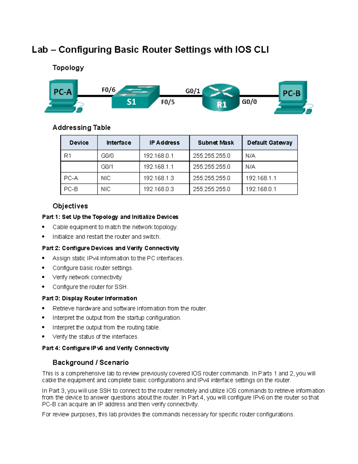 4146 Lab Configuring Basic Router Settings With Ios Cli Topology Addressing Table Device