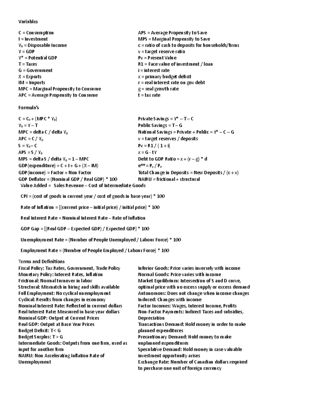 EC140 Final Exam Cheatsheet - Variables C = Consumption I = Investment YD = Disposable Income Y ...