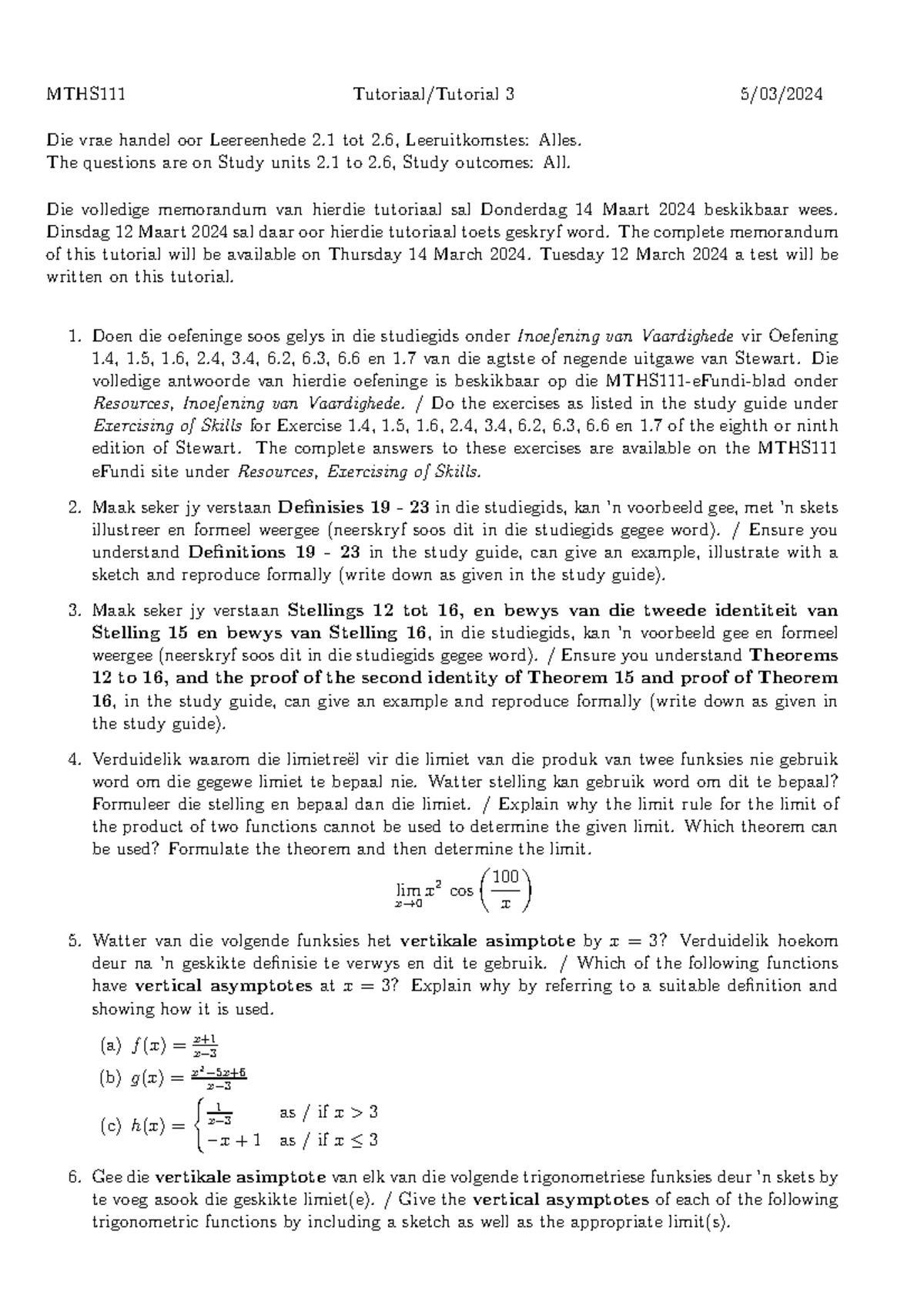 MTHS111 tutoriaal 3 2024 F - MTHS111 Tutoriaal/Tutorial 3 5/03/ Die ...