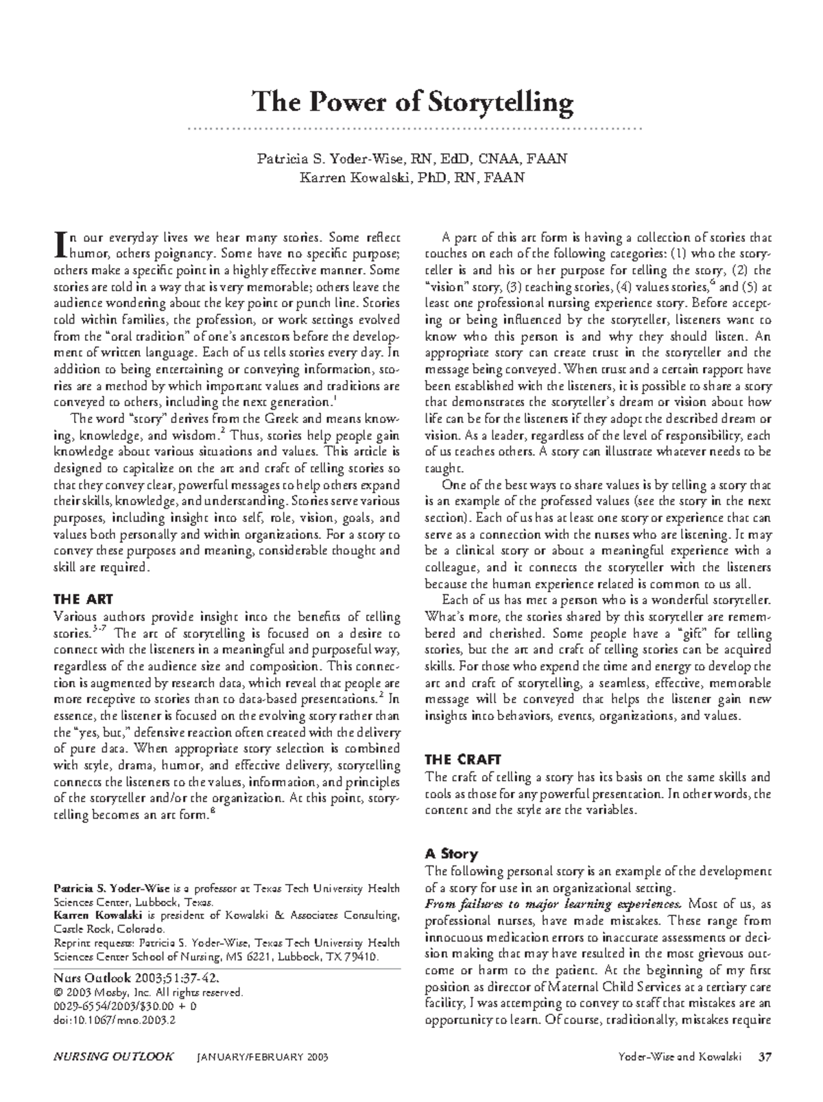 Yoder-Wise and Kowalski 2003 - The Power of Storytelling - Studocu