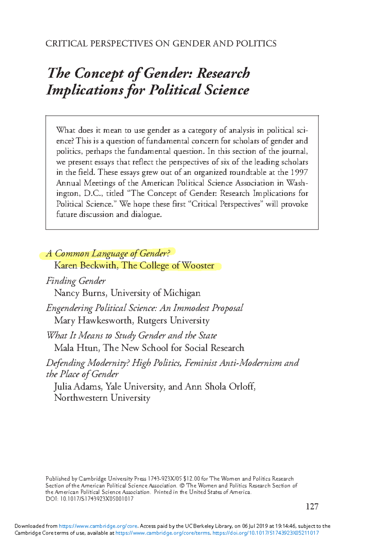 The Concept of Gender (lecture 1) - CRITICAL PERSPECTIVES ON GENDER AND ...