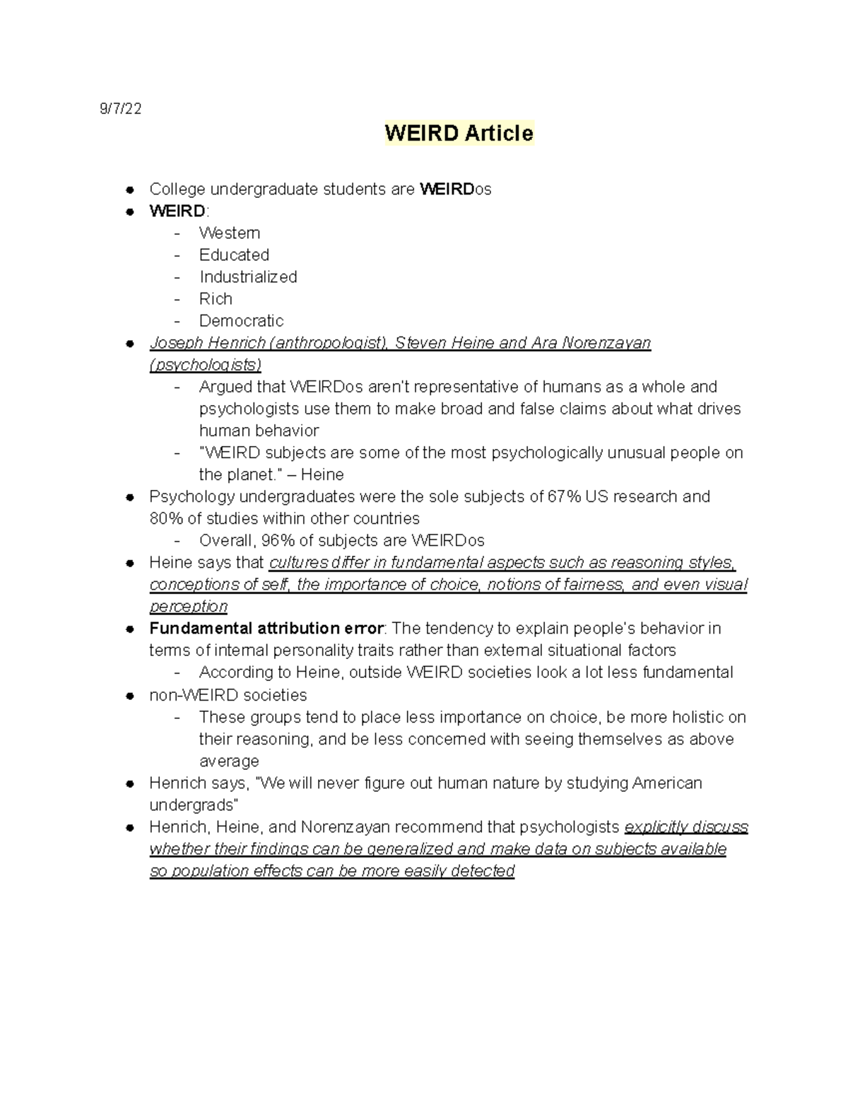 PSYC 261 Weird article - Dr. D - 9/7/ WEIRD Article College ...