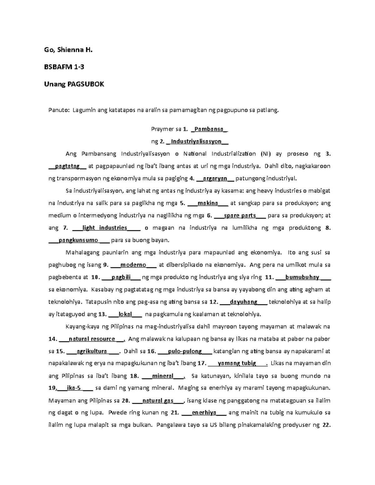 Go, Shienna Unang Pagsubok - Go, Shienna H. BSBAFM 1- Unang PAGSUBOK ...