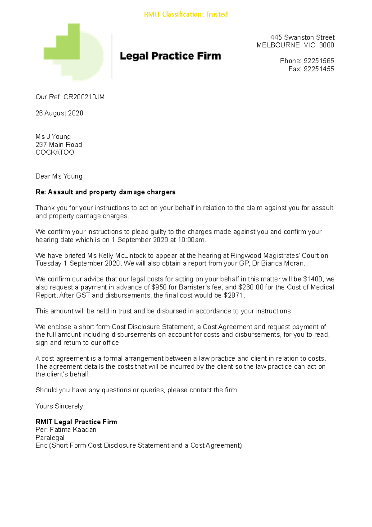 Edited Letter to client - RMIT Classification: Trusted 445 Swanston ...