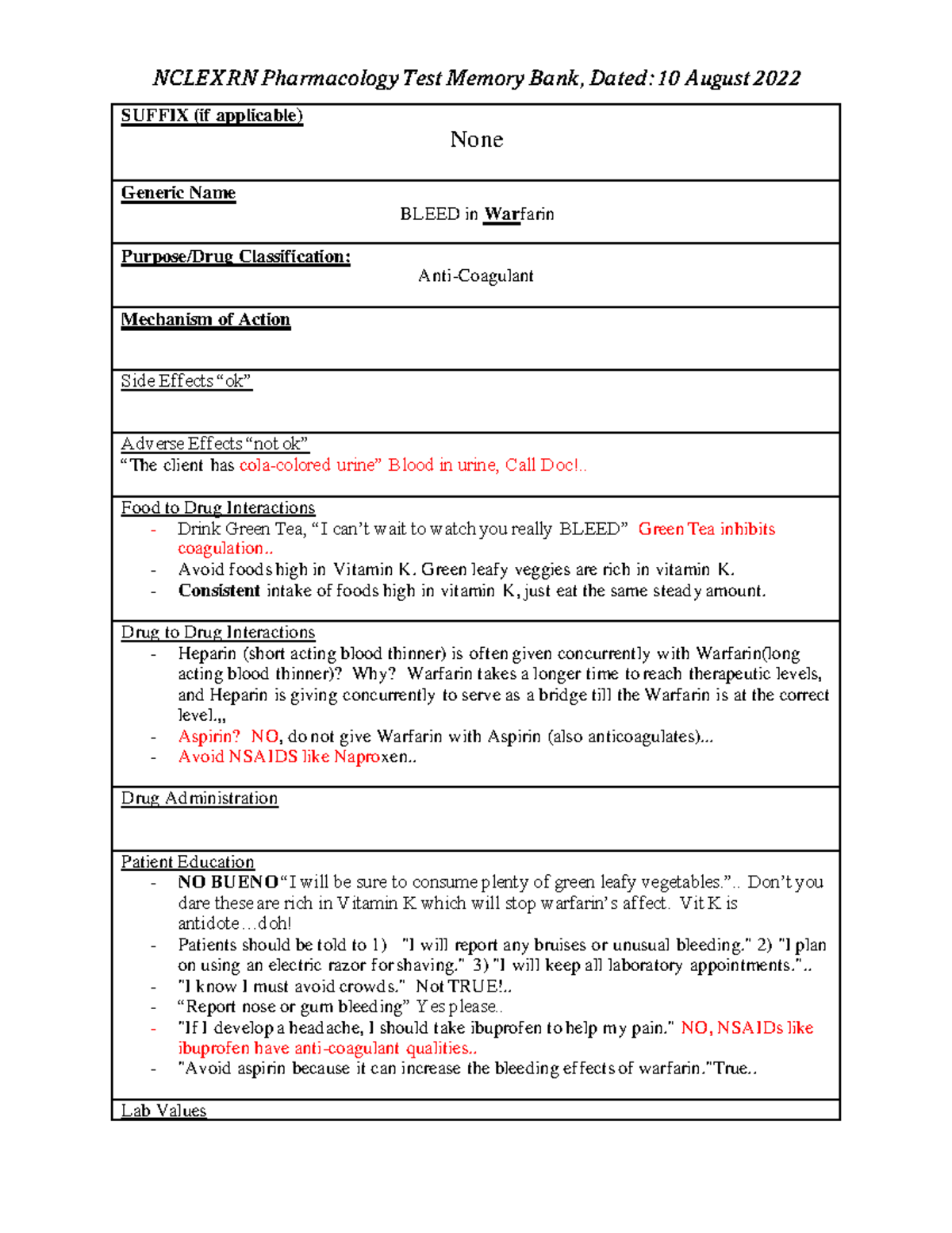 Drugs for N316 2022 - NCLEX RN Pharmacology Test Memory Bank, Dated: 10 ...