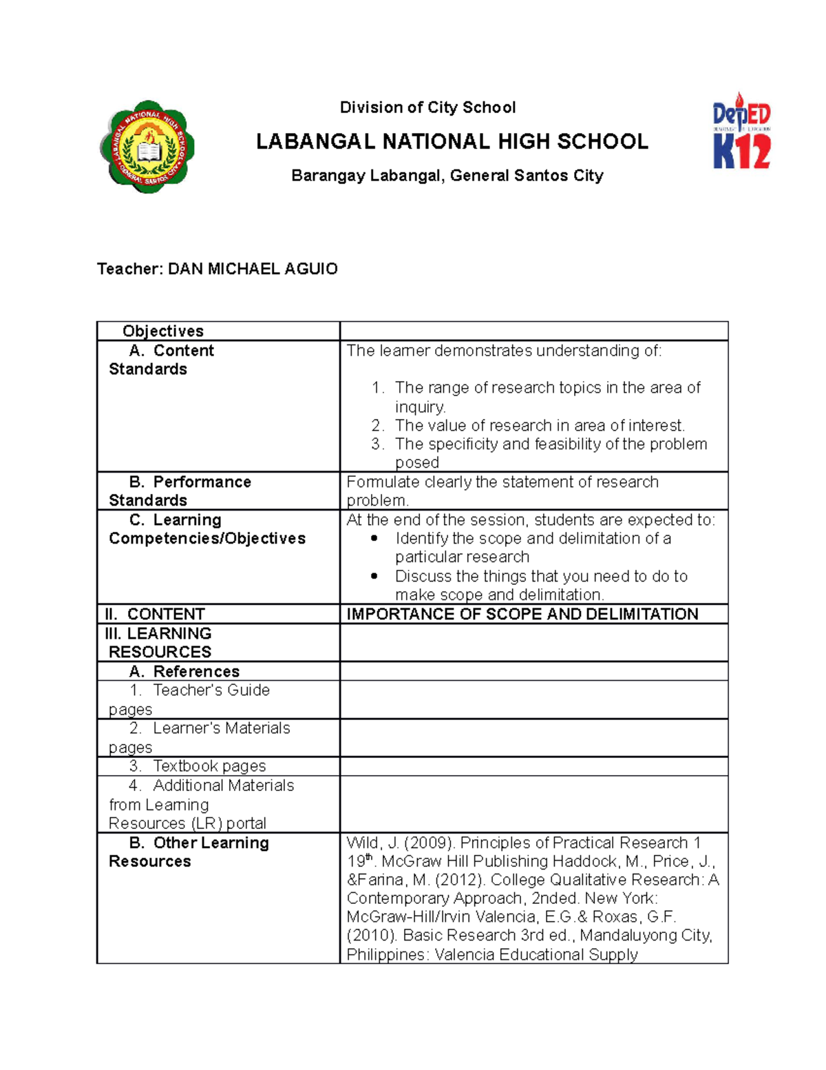 DLP- Scope AND Delimitation - Division of City School LABANGAL NATIONAL ...