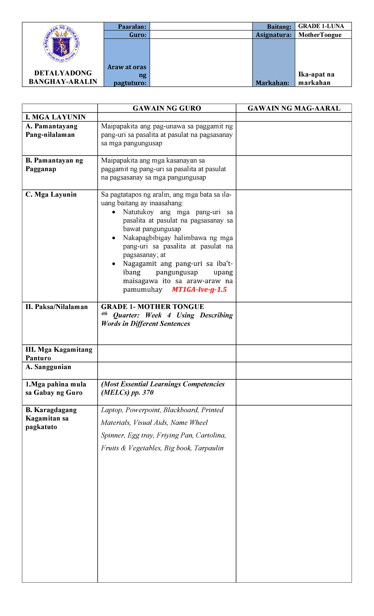 Copy Sample DLP Filipino - DETALYADONG BANGHAY-ARALIN Paaralan: Baitang ...