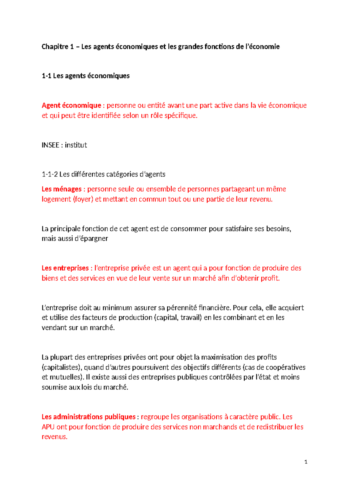 Economie cours - Chapitre 1 – Les agents économiques et les grandes ...