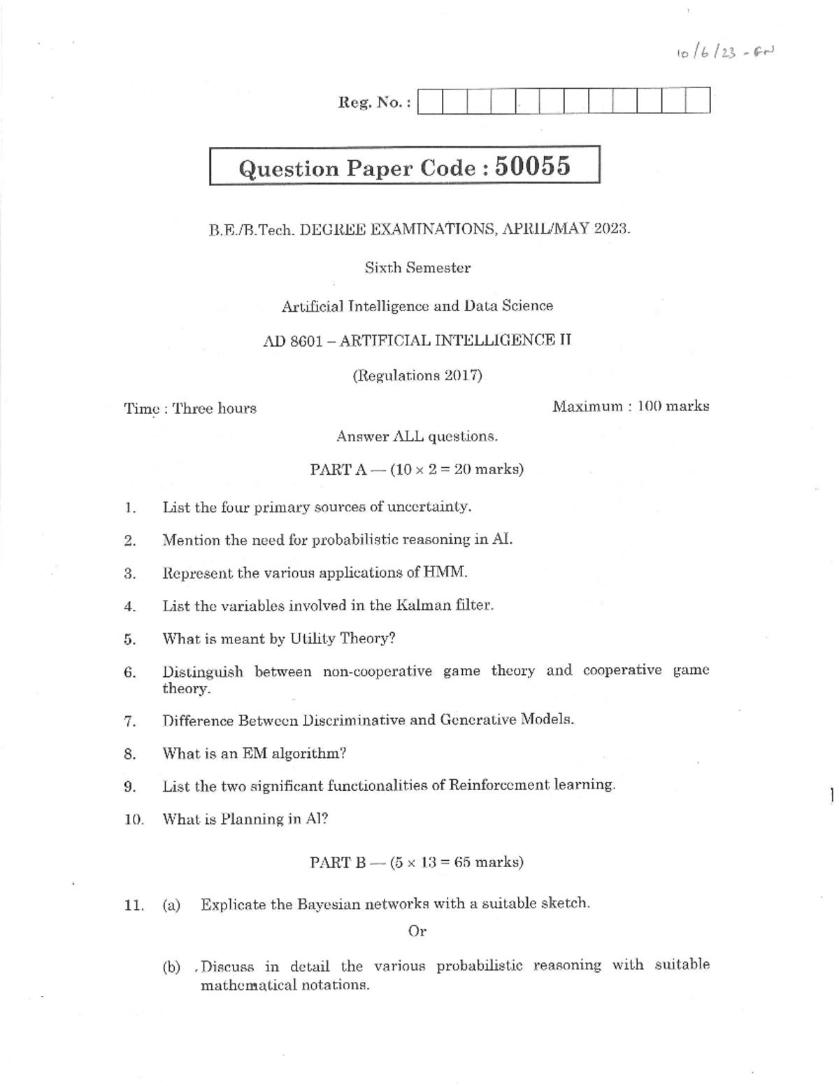 AD8601- Arrear Paper - Reg. No. : Question Paper Code : 50055 DEGREE ...