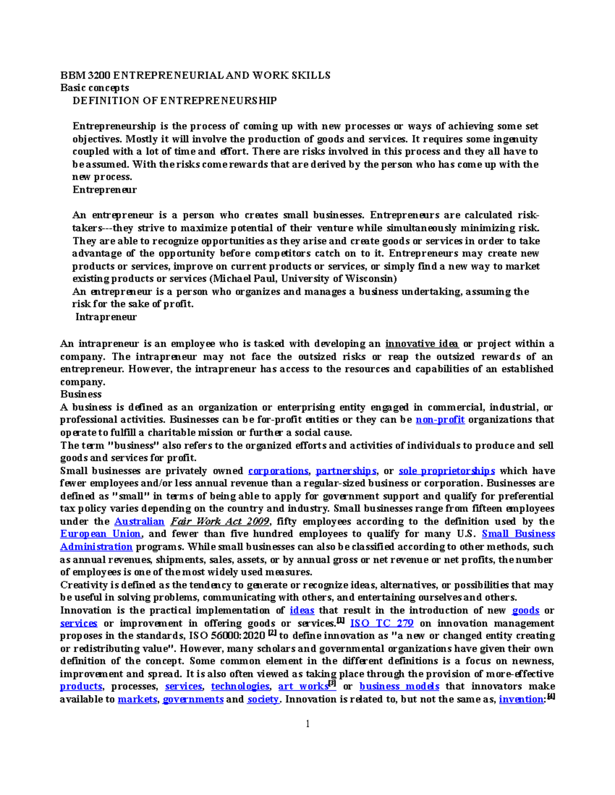 BBM 3200 notes - BBM 3200 ENTREPRENEURIAL AND WORK SKILLS Basic ...