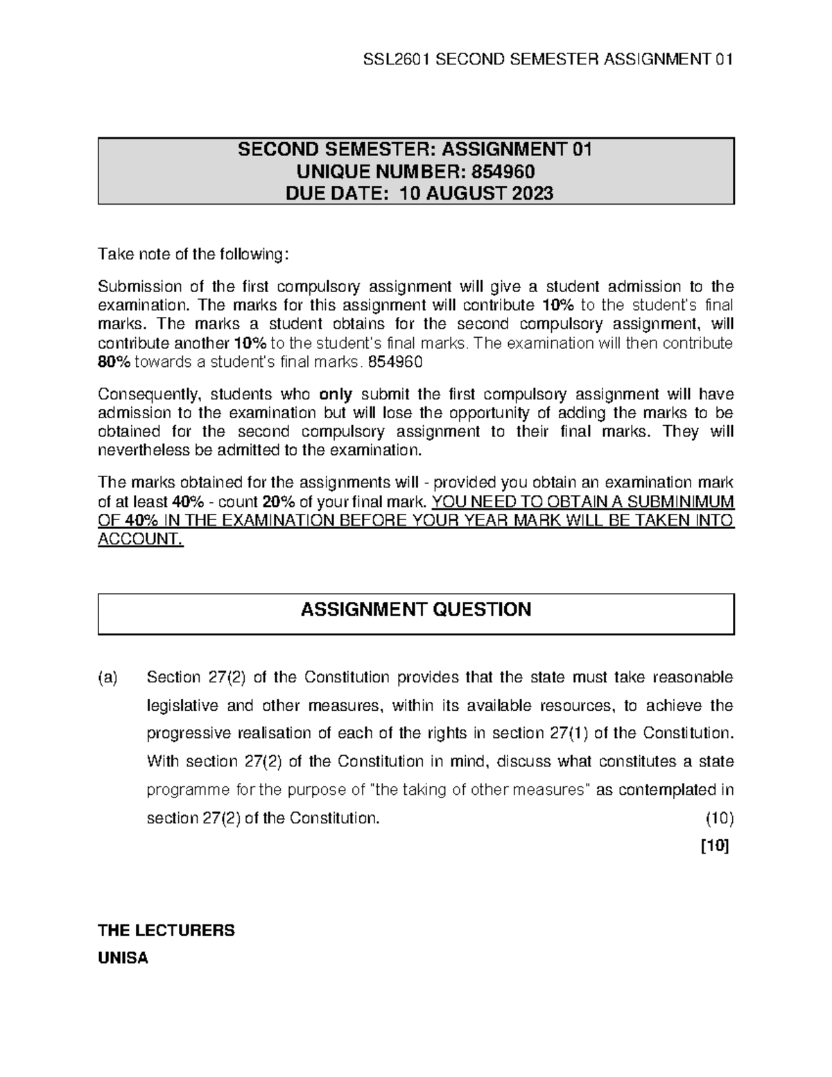 SSL2602 2 Assignment 1 - SSL 2601 SECOND SEMESTER ASSIGNMENT 01 SECOND SEMESTER: ASSIGNMENT 01 ...