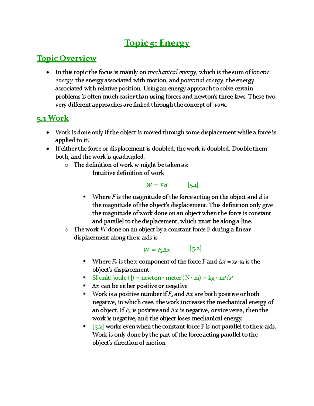 Topic 5 Energy Notes - Topic 5: Energy Topic Overview In this topic the ...