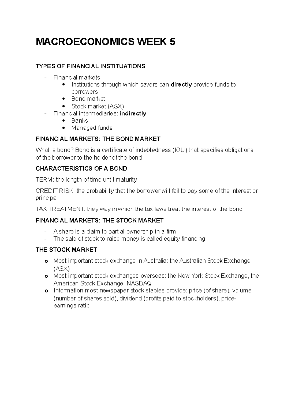 Macroeconomics WEEK 5 lecture notes semester 1 - MACROECONOMICS WEEK 5 ...