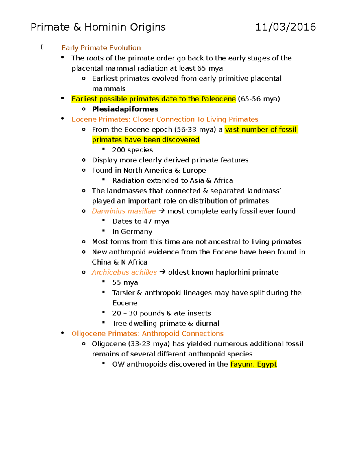 CH8 - Combination of book outline & lecture notes - Primate Hominin ...