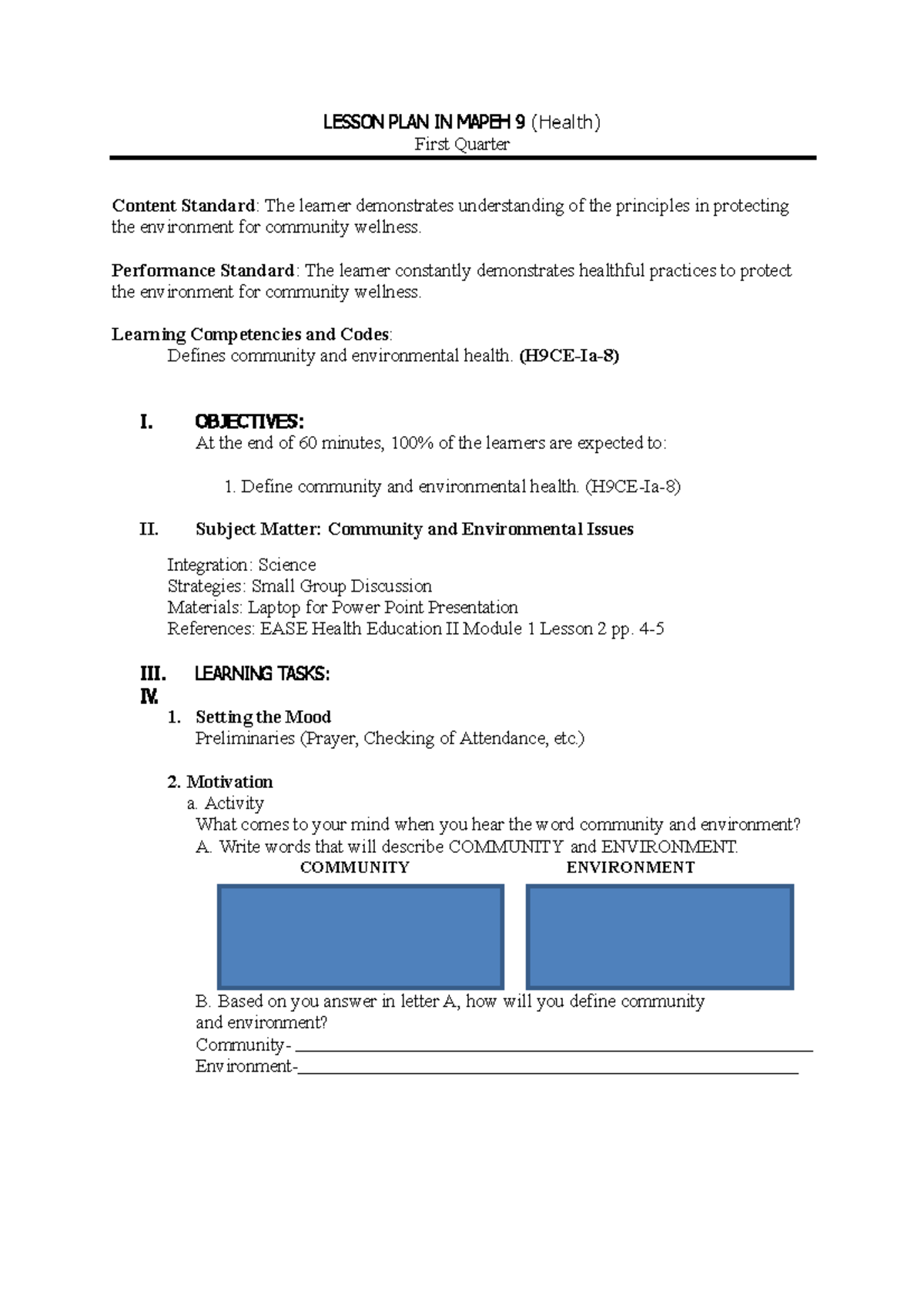 community health - LESSON PLAN IN MAPEH 9 (Health) First Quarter ...
