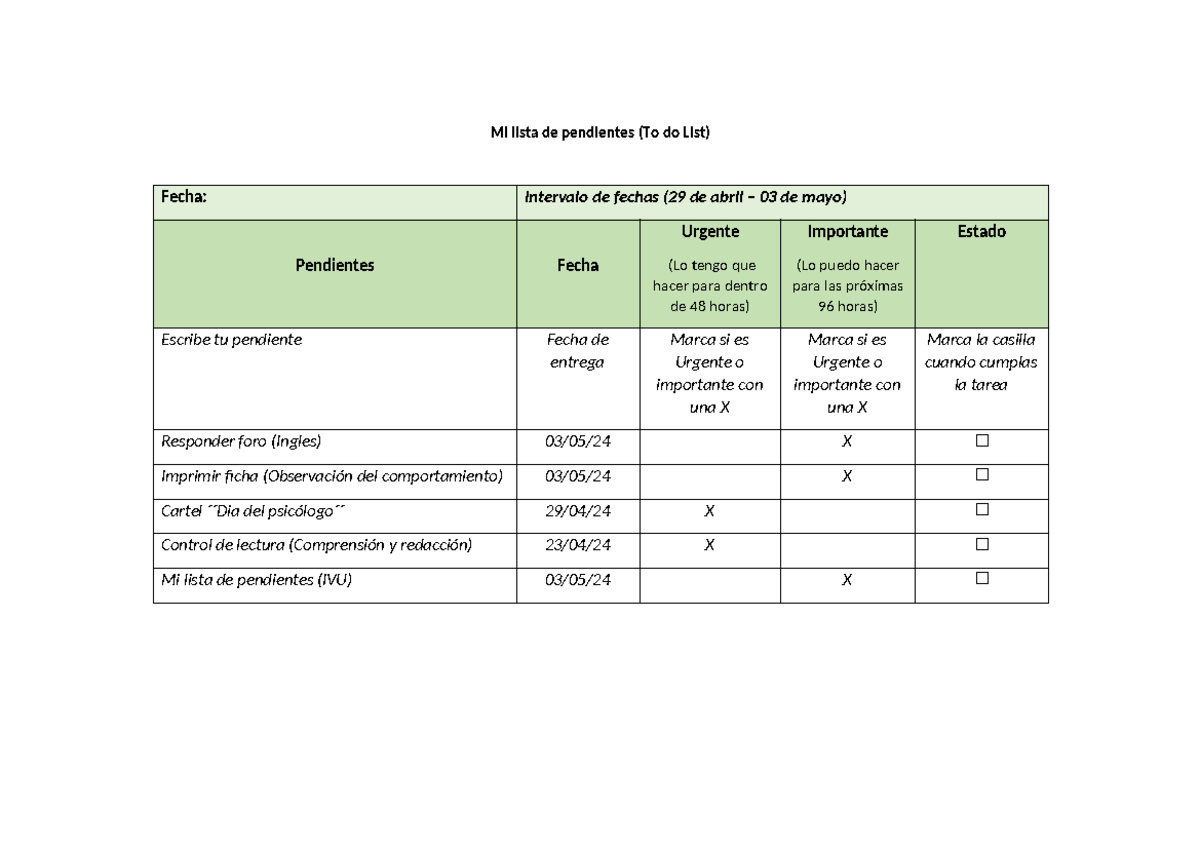 Anexo Plantilla - Mi lista de pendientes (To do List) Fecha: Intervalo ...
