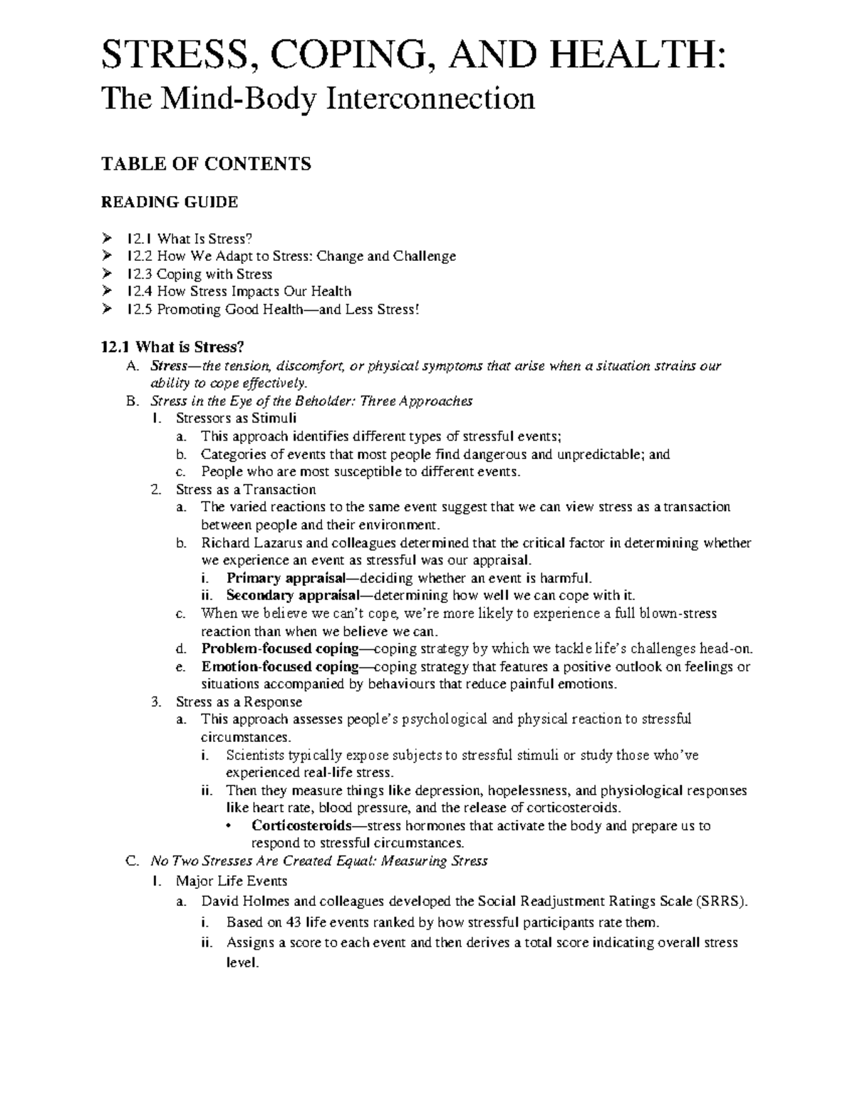 Reading Guide- Stress - summary - STRESS, COPING, AND HEALTH: The Mind-Body Interconnection ...