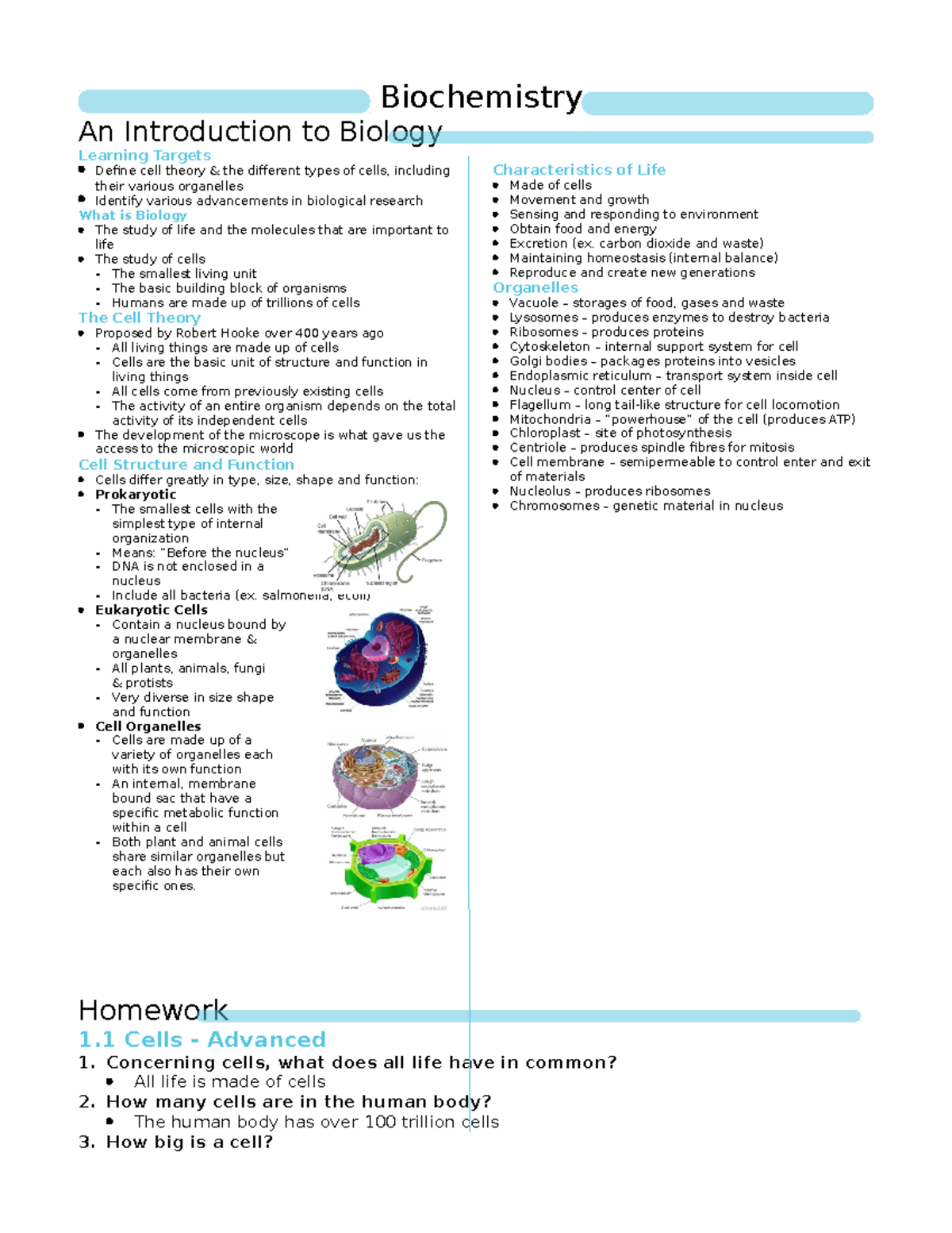 Lesson 1 - Introduction to Biology - Biochemistry An Introduction to Biology Learning Targets ...