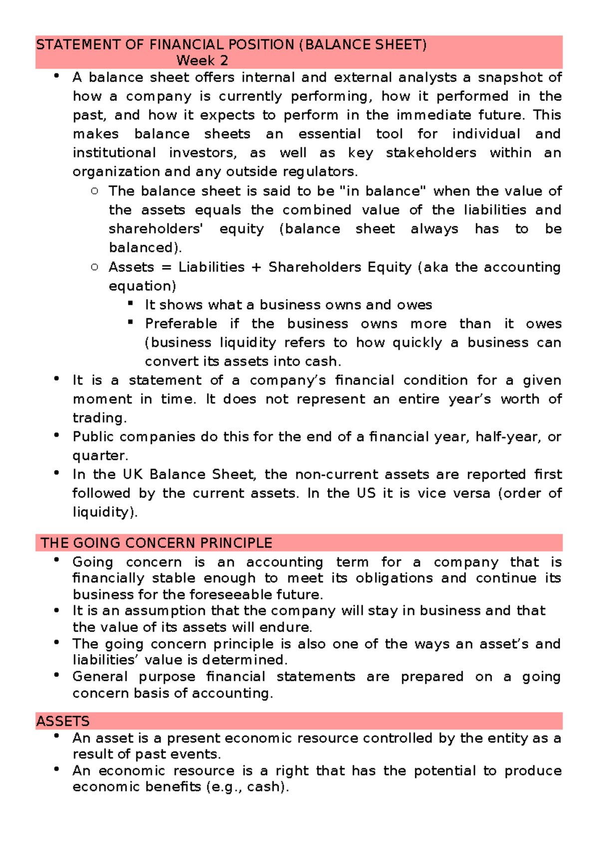 Balance Sheet Notes - STATEMENT OF FINANCIAL POSITION (BALANCE SHEET ...