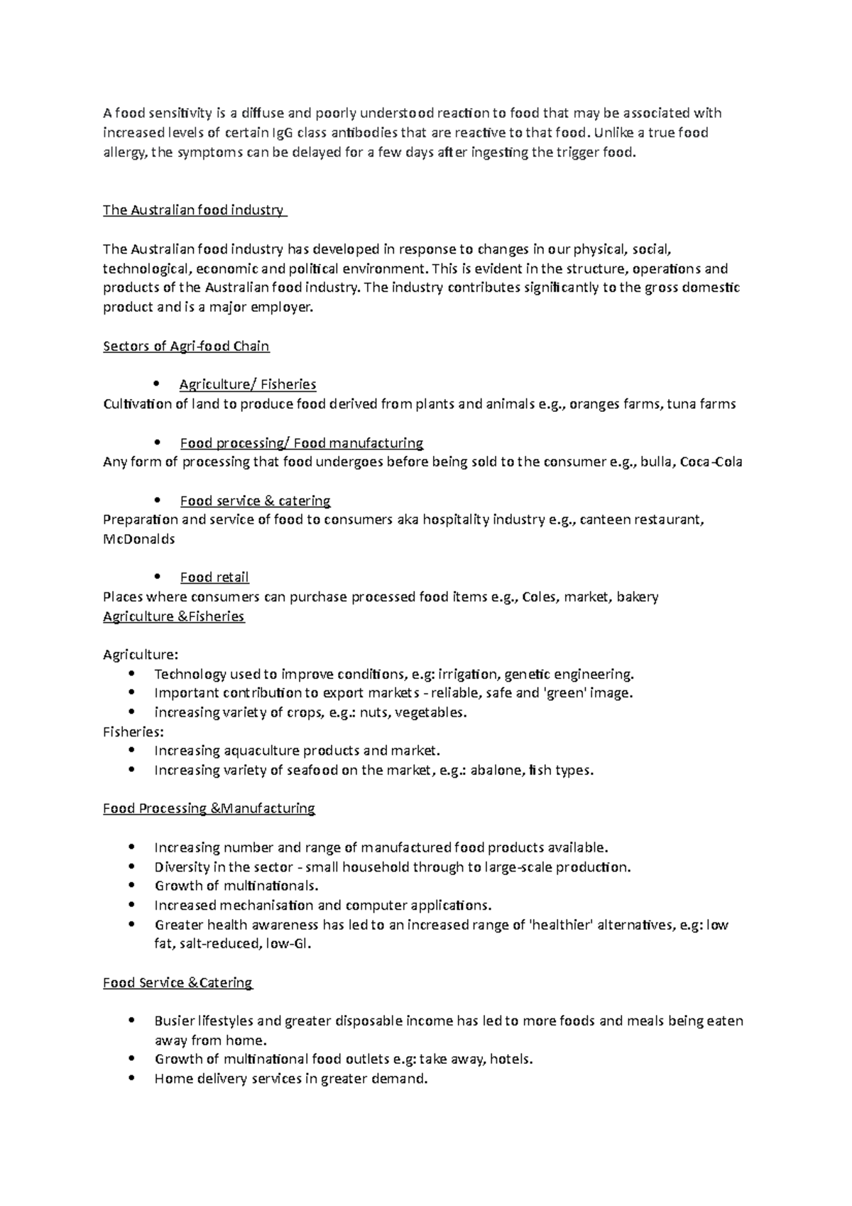 Food tech notes - half year question - A food sensitivity is a diffuse ...